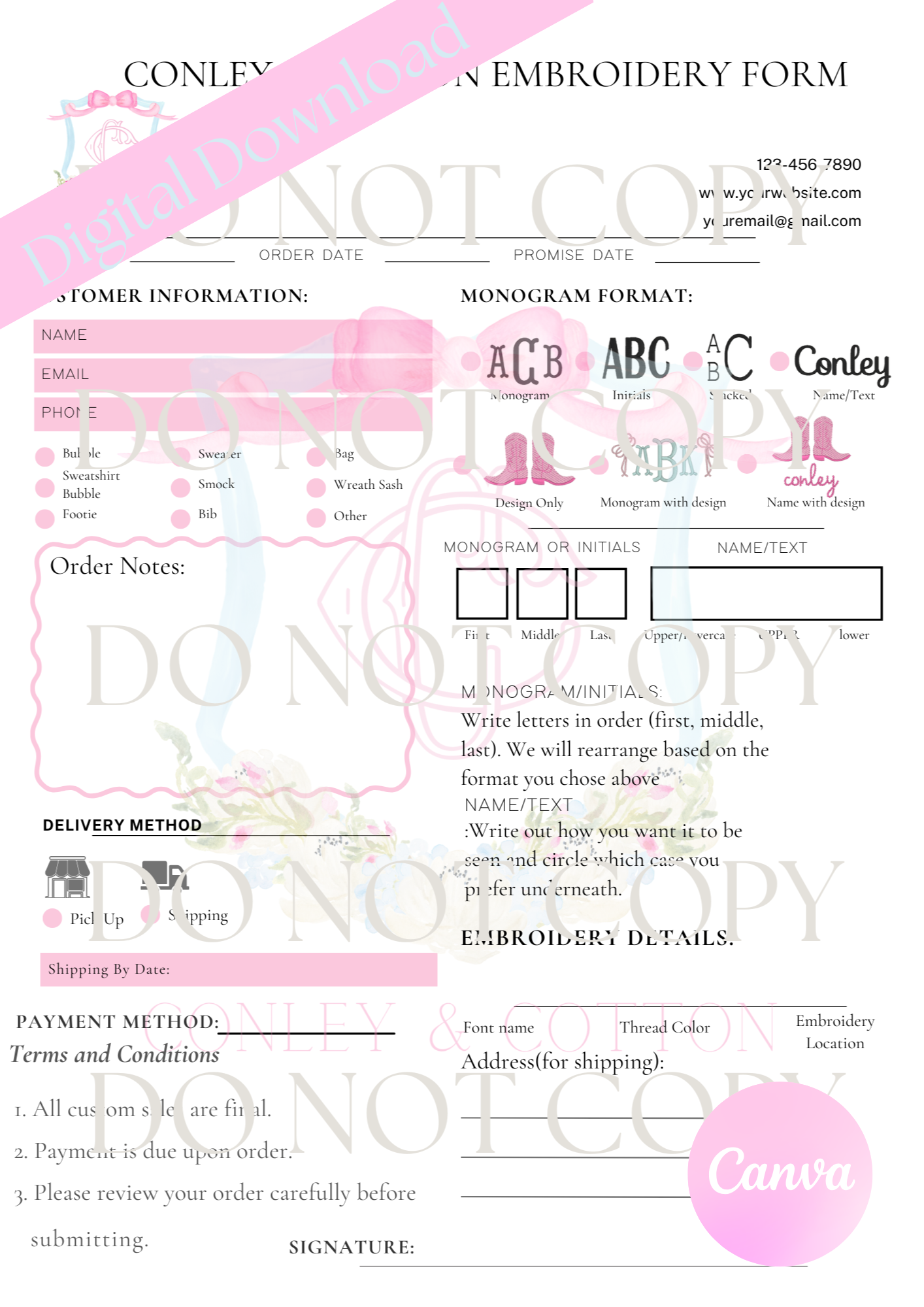 Embroidery Order Form Template – Conley & Cotton